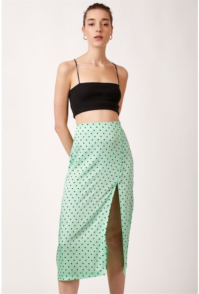 Trend Puantiyeli Yırtmaçlı Saten Etek