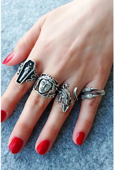 Fildişi Aksesuar Antik Gümüş Kaplama Tabut - Medusa - Kertenkele - Pençe Şekilli El Yapımı Ayarlanabilir Yüzük Seti Fildişi Aksesuar Antik Gümüş Kaplama Tabut - Medusa - Kertenkele - Pençe Şekilli El Yapımı Ayarlanabilir Yüzük Seti