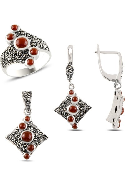 Gümüşhane Silver Kırmızı Akik & Markazit Taşlı Set