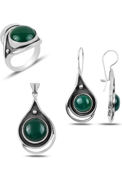 Gümüşhane Silver Yeşil Akik Taşlı El Işi Set