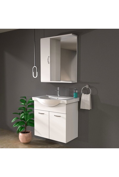 Banos KL2 Ayaksız 2 Kapaklı Lavabolu Beyaz Mdf 65 cm Banyo Dolabı + Aynalı Banyo Üst Dolabı