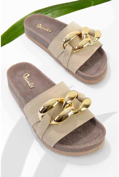 Bambi Bej Süet Kadın Terlik K04545132402