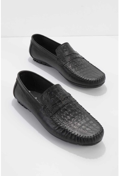 Bambi Siyah Baskılı Deri Erkek Loafer Ayakkabı E01623198303