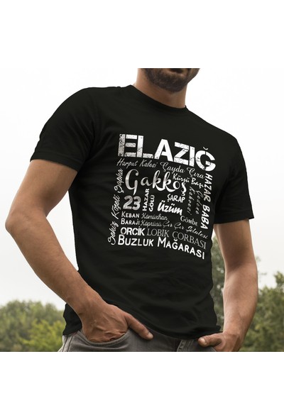 Hediye Sepeti Elazığ Iline Özel Baskılı Tişört Siyah Kısa Kollu - Bisiklet Yaka T-Shirt