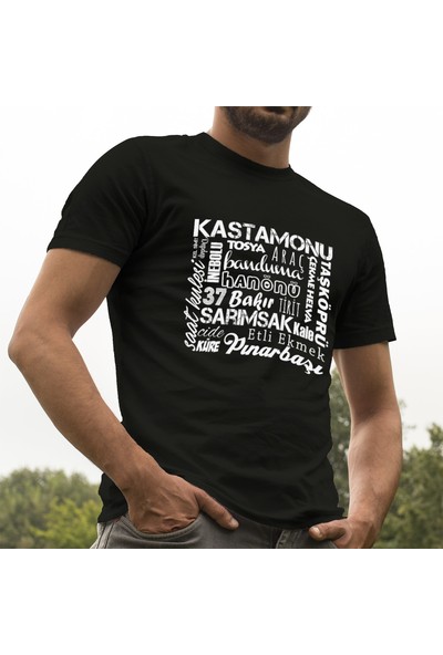 Hediye Sepeti Kastamonu Iline Özel Tasarımlı Baskılı Tişört Siyah Kısa Kollu - Bisiklet Yaka T-Shirt
