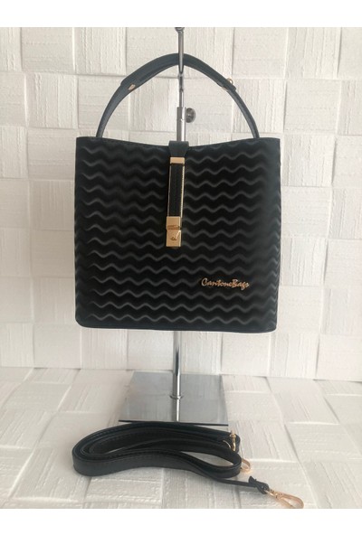 Cantone Kadın Siyah Dalgalı Desen Çapraz El ve Omuz Çantası
