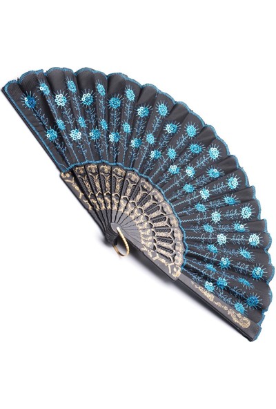 Araget Yelpaze Siyah Kumaş Üstü Pullu Bride Kına Gelin