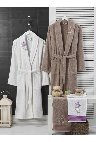 Casnack Karbeyaz Kahve Havlulu Bornoz Seti 4'lü
