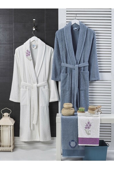 Casnack Karbeyaz Indigo Havlulu Bornoz Seti 4'lü Casnack Karbeyaz Indigo Havlulu Bornoz Seti 4'lü