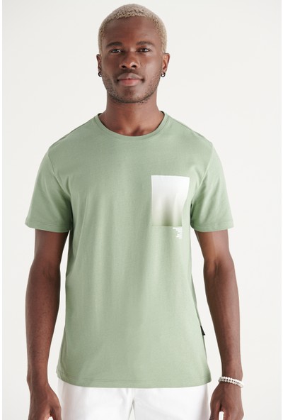 Avva Erkek Nil Yeşili Bisiklet Yaka Baskılı Slim Fit T-Shirt A11Y1208