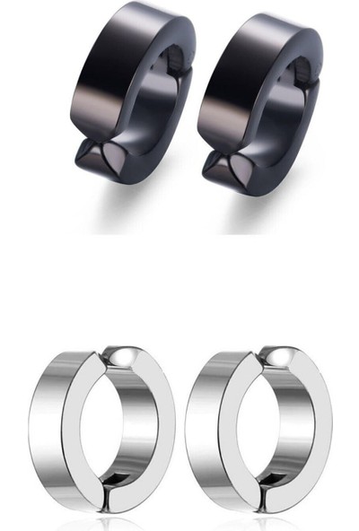 Medblack Jewelry Unisex Deliksiz Sıkıştırmalı Çelik Siyah ve Gümüş Renk Çift Halka Küpe