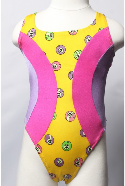 Sude Ayl Kız Çocuk Sarı Renk Bloklu Sayı Desenli Askılı Empirme Mayo 46