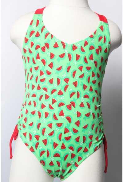 Sude Ayl Kız Çocuk A. Yeşil Yandan Büzgülü Bağlamalı Desenli Askılı Empirme Mayo 140-61