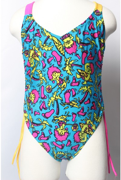 Sude Ayl Kız Çocuk Mavi Desenli Yanlarında Büzgülü Bağlama Detaylı Askılı Empirme Mayo 140