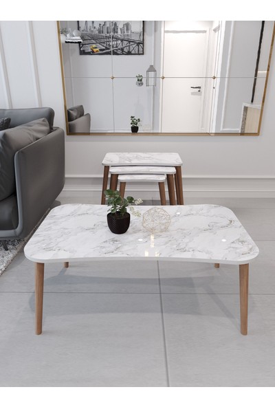 Esma Orta Sehpa ve Zigon Sehpa 4'lü Ahşap Ayaklı Salon Seti Sehpa - Beyaz Mermer Esma Orta Sehpa ve Zigon Sehpa 4'lü Ahşap Ayaklı Salon Seti Sehpa - Beyaz Mermer
