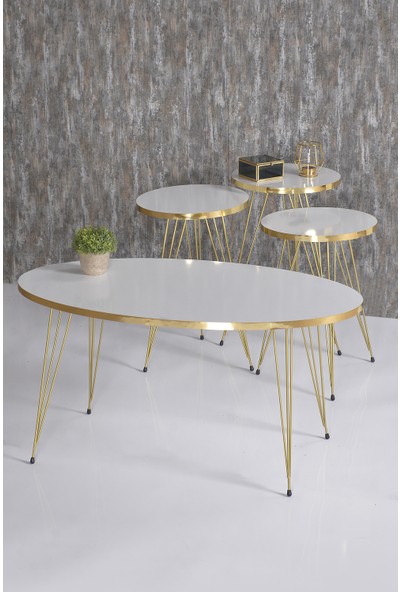 GOLDFALEZ Zigon Sehpa ve Orta Sehpa Elips Set Gold Tel Beyaz GOLDFALEZ Zigon Sehpa ve Orta Sehpa Elips Set Gold Tel Beyaz