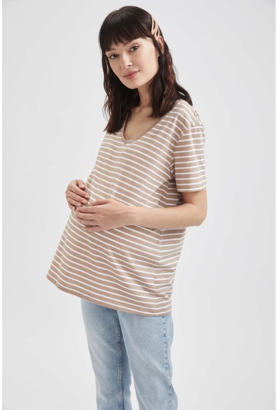 Defacto Hamile Çizgili V Yaka Kısa Kollu Üst U7671AZ21SM