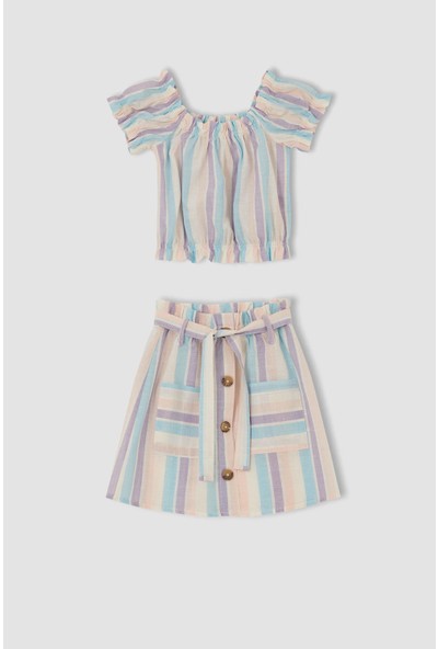 Defacto Kız Çocuk Çizgili Kısa Kollu Bluz Ve Etek Takımı V6930A621HS