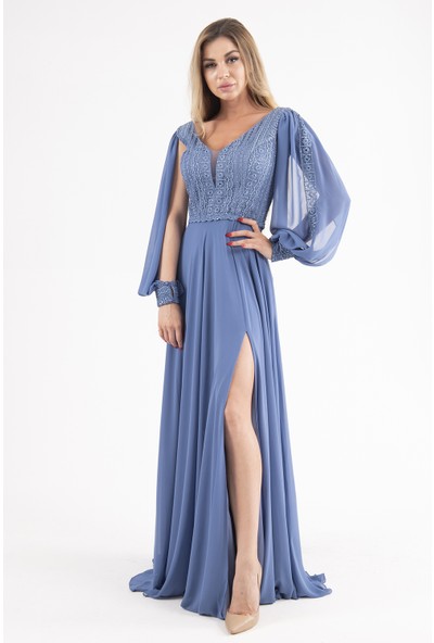 Belamore Indigo Simli Dantelli Şifon Abiye&mezuniyet Elbisesi 1607241.98