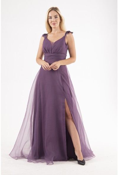 Belamore Lavanta Askılı Önü Drepeli V Yaka Tül Kumaş Abiye & Mezuniyet Elbisesi 1301630.333