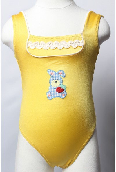 Sude Ayl Kız Çocuk Sarı Aplike ve Fırfır Detaylı Düz Renk Mayo 022