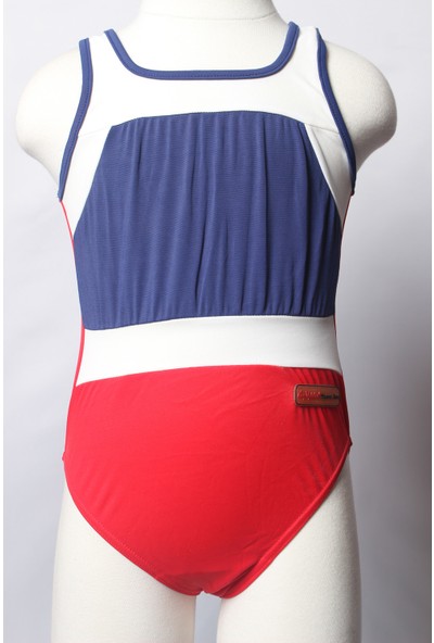 Sude Ayl Kız Çocuk Kırmızı Yüzücü Model Renk Bloklu Düz Mayo 130