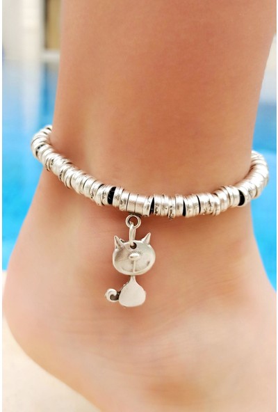 Fildişi Aksesuar Antik Gümüş Kaplama Kedi Şekilli El Yapımı Kadın Halhal