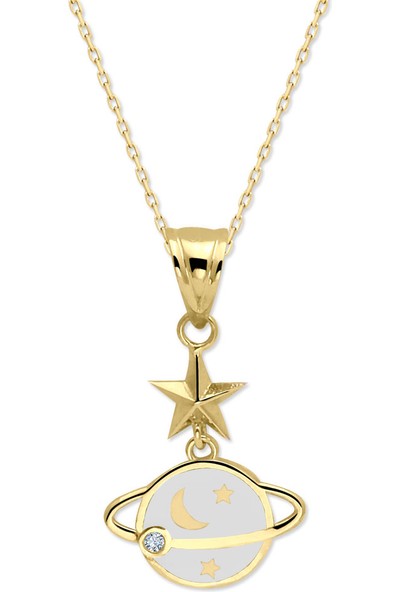Aslı Gold Beyaz Mineli Altın Satrün Gezegen Kolye (KLY0623)