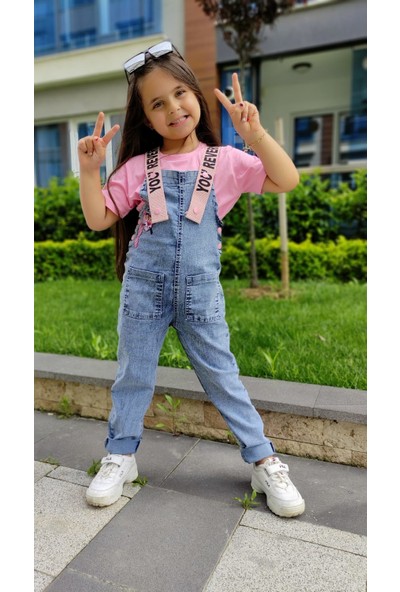 ButikHave Kız Çocuk Pembe Askılı Kot Tulum, Pembe Tişört ButikHave Kız Çocuk Pembe Askılı Kot Tulum, Pembe Tişört