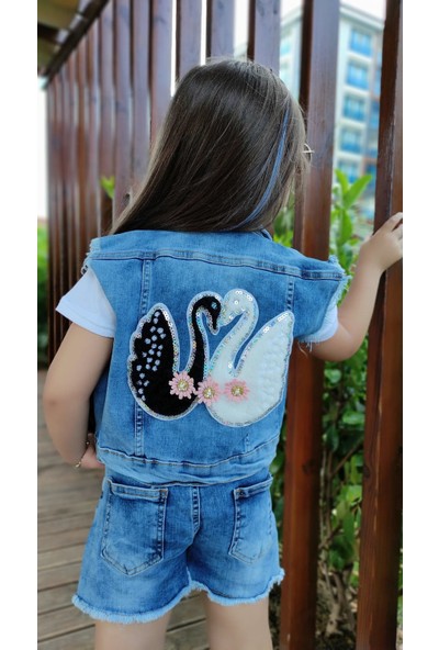 ButikHave Kız Çocuk Kemerli, Desenli Kot Etek ve Ceket Takımı