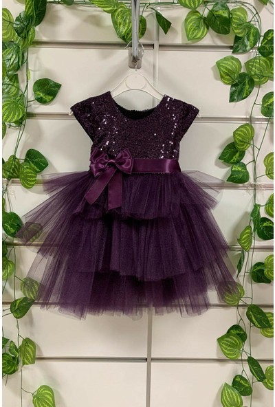 Masal Dünyası Mürdüm Pul Payetli Tüllü Kız Çocuk Abiye