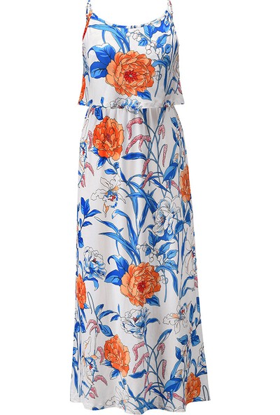 Gogoo Çiçekli Askılı Uzun Plaj Elbisesi (Yurt Dışından)