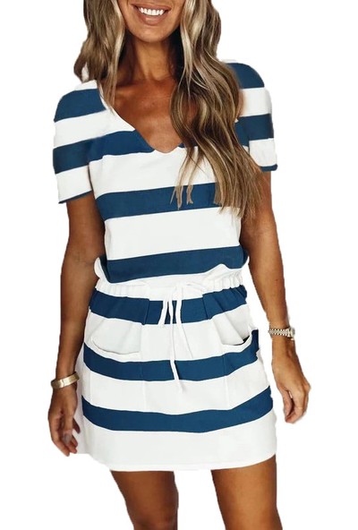 Gogoo Çizgili Kadın V Yaka Elbise (Yurt Dışından)