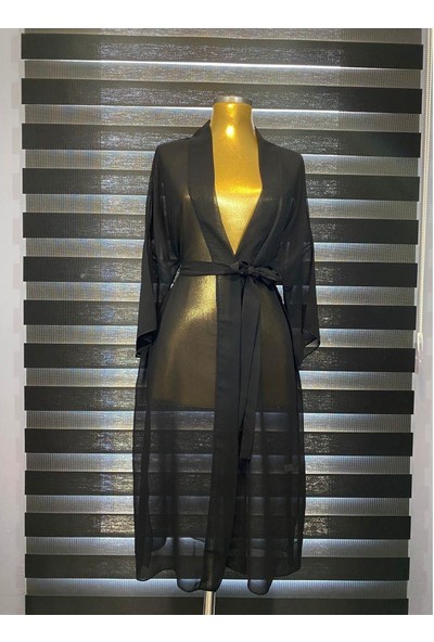 Senem Neyiş Özel Tasarım Siyah Şifon Kuşaklı Kimono