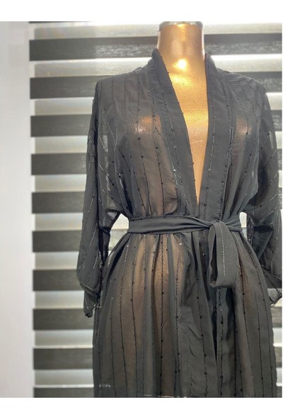 Senem Neyiş Özel Tasarım Pullu Şeritli Siyah Şifon Kuşaklı Kimono