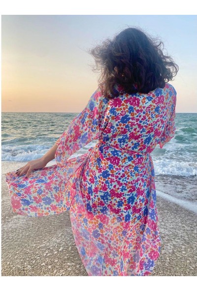 Senem Neyiş Özel Tasarım Çiçek Desenli Şifon Kuşaklı Kimono