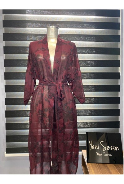 Senem Neyiş Özel Tasarım Çiçek Desenli Bordo Şifon Kuşaklı Kimono
