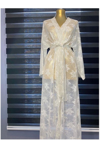 Senem Neyiş Özel Tasarım Krem Kuşaklı Kısa Kimono