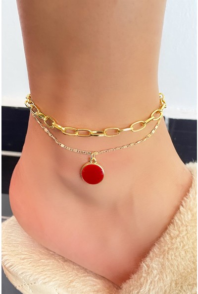 Takıştır Altın Renk Bordo Yuvarlak Figürlü Halhal