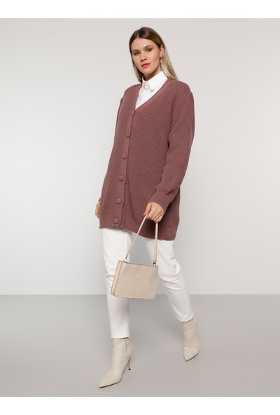 Büyük Beden Düğme Detaylı Triko Hırka - Gül Kurusu - Alia