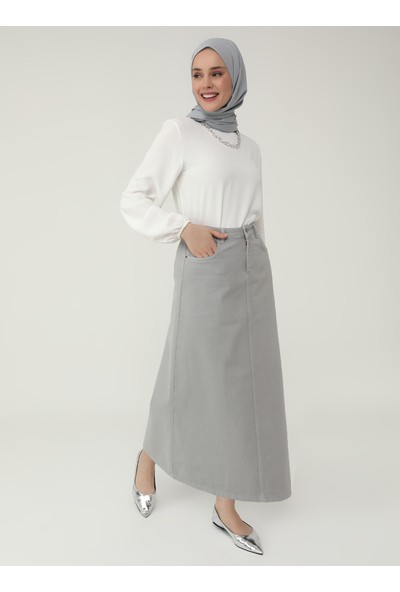 Doğal Kumaşlı Cep Detaylı Kot Etek - Gri - Refka Casual