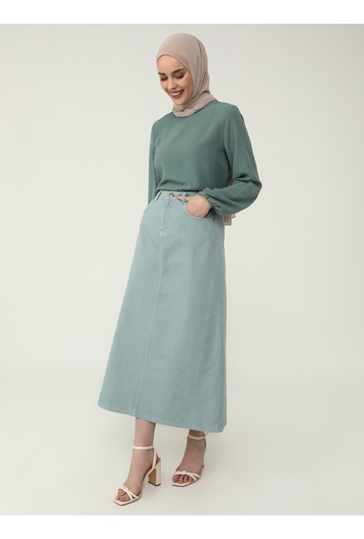 Doğal Kumaşlı Cep Detaylı Kot Etek - Çağla - Refka Casual