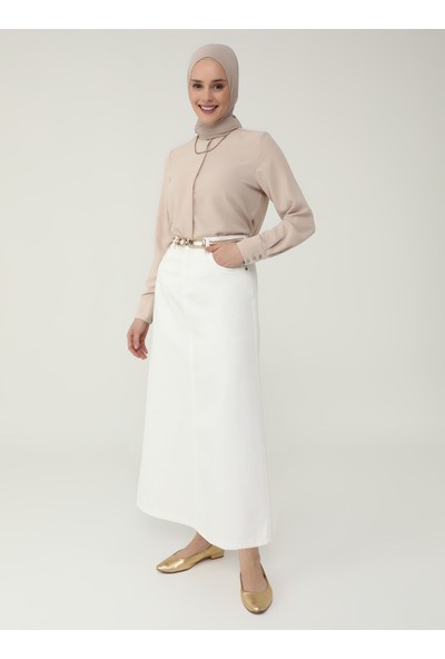 Doğal Kumaşlı Cep Detaylı Kot Etek - Ekru - Refka Casual
