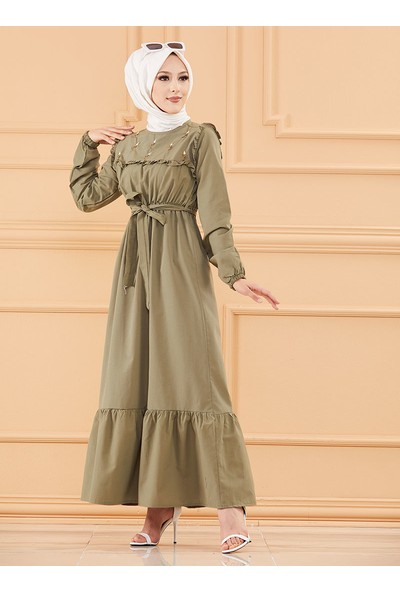 Nakışlı Elbise - Haki - Tofisa