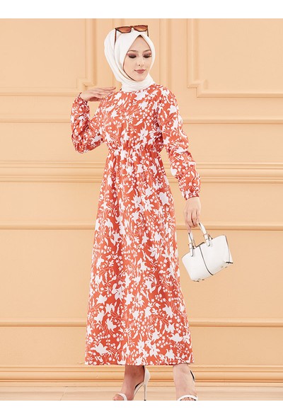 Beli Büzgülü Desenli Elbise - Kiremit - Tofisa