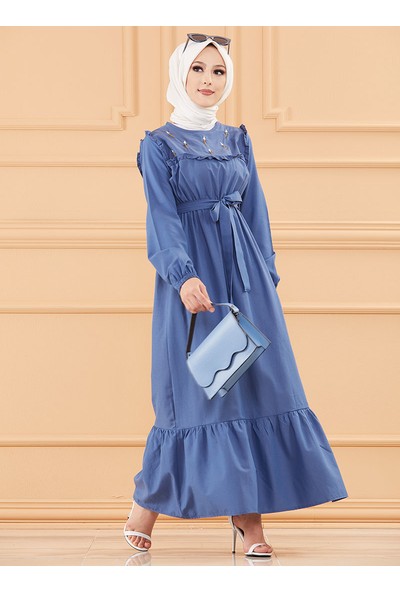 Nakışlı Elbise - Indigo - Tofisa