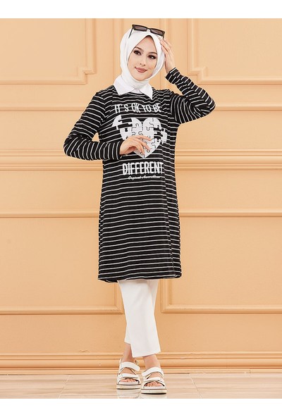 Çizgili Desenli Tunik - Siyah - Tofisa
