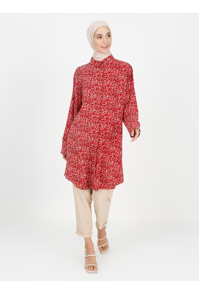 Çiçek Desenli Tunik - Kırmızı - Zenane