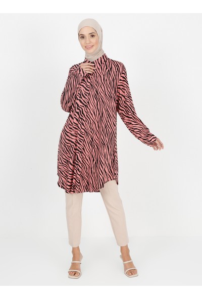 Zebra Desenli Tunik - Pudra - Zenane