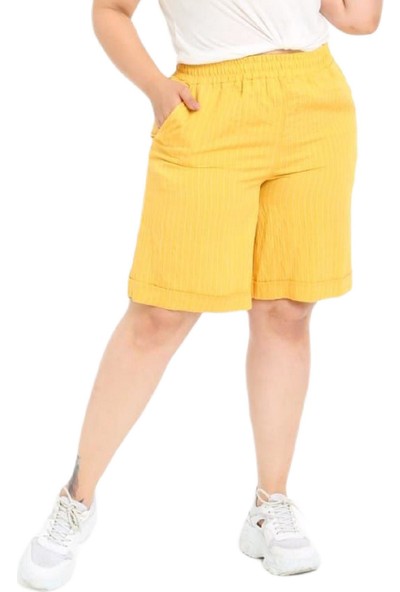 Günay Fierte Kadın Büyük Beden Şort BK21254 Elastik Yüksek Bel Geniş Diz Üstü Keten Spor Cep Çizgili Lacivert Siyah Sarı